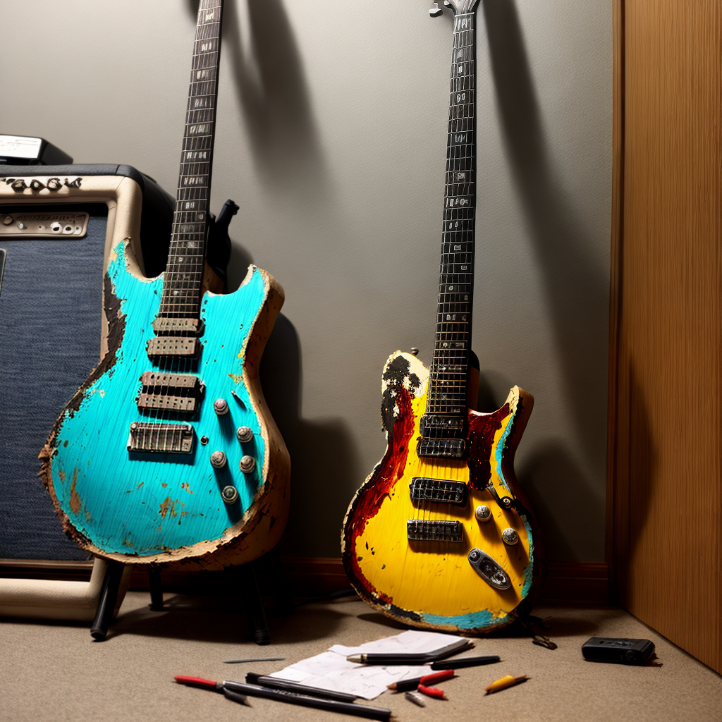 draw an old, beat-up guitar in a poorly organized room