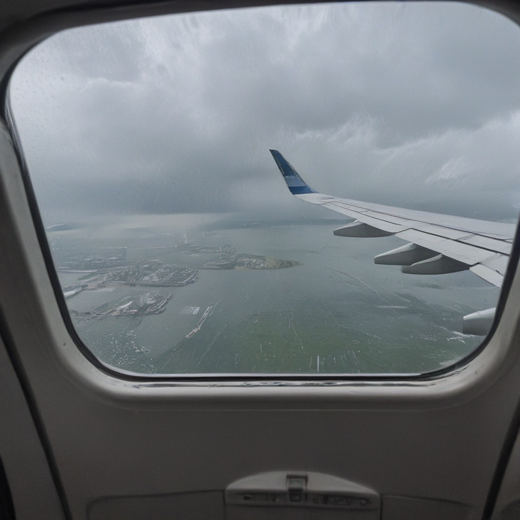 sitting in the plane, first person view, no people, rain