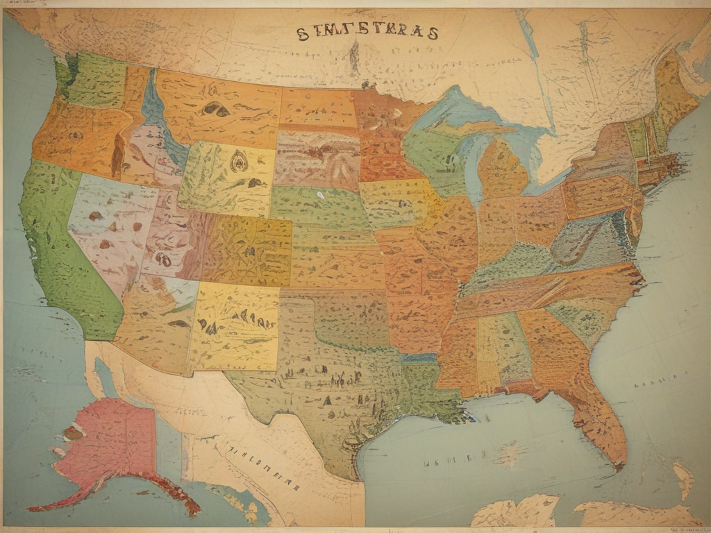 Colorful Historical Map of the United States with Detailed Geographical ...