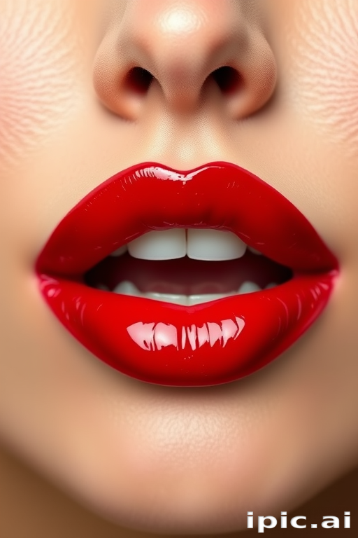 Close-Up of Glossy Red Lips with a Subtle Smile and Radiant Shine