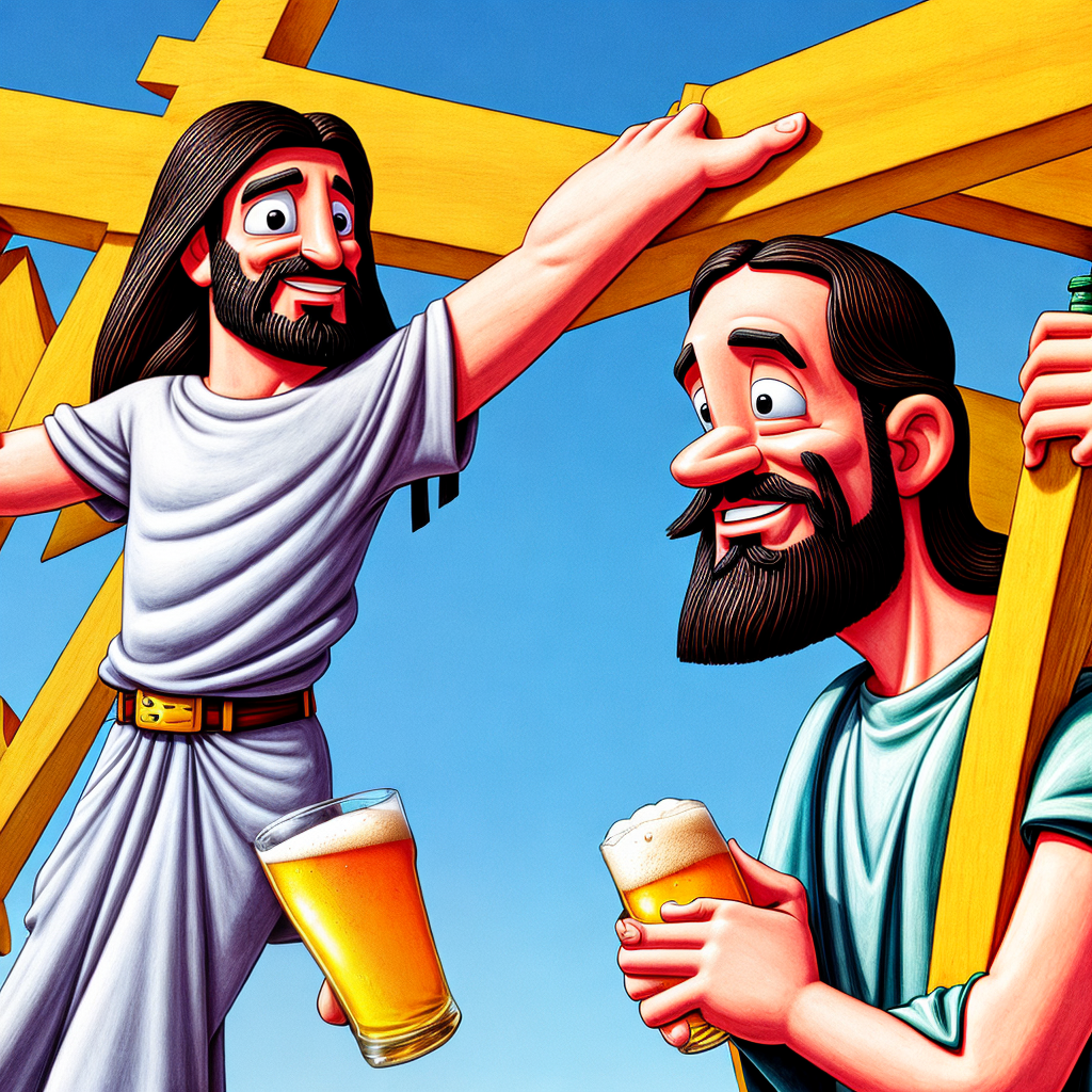 Cartoon jesus on the cross drinking beer