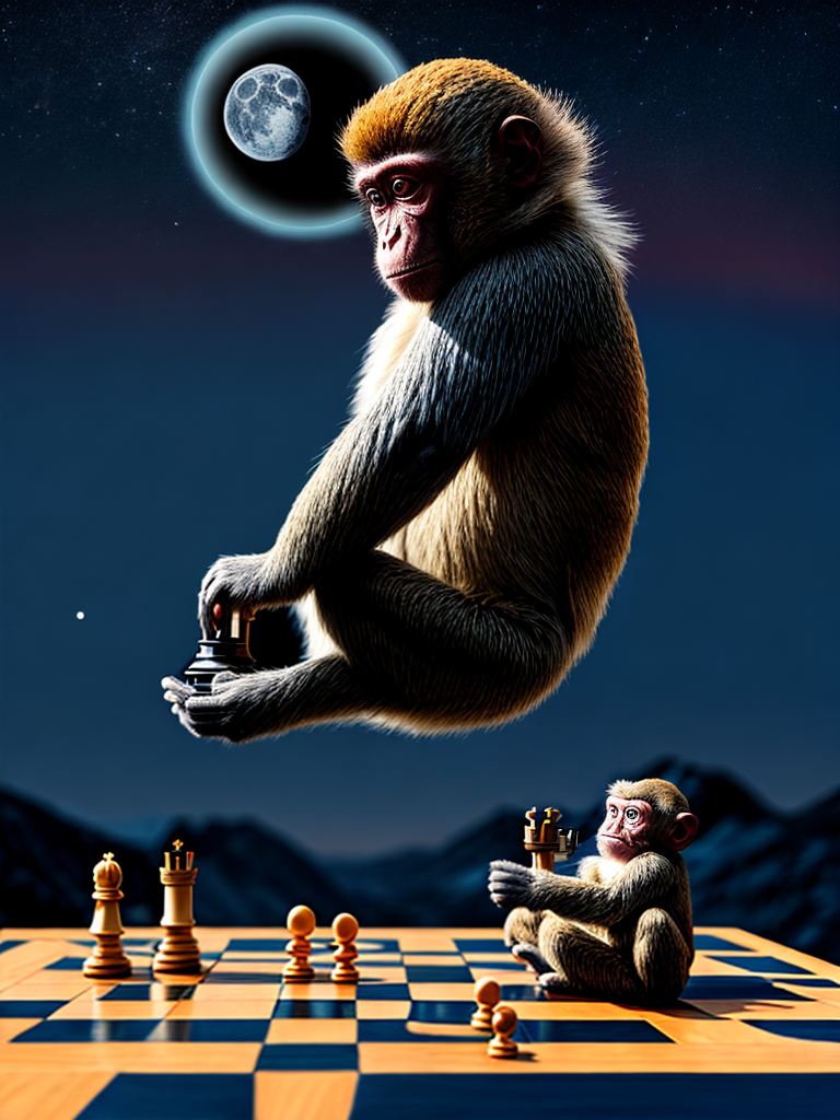 monkey sitting on the moon playing chess
