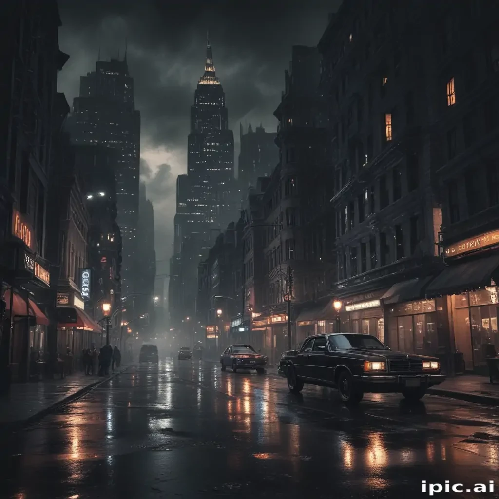 Moody Nighttime Cityscape Featuring Rain-Soaked Streets and Skyscrapers
