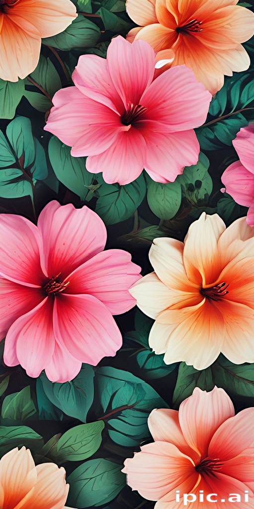 A Vibrant Display of Colorful Hibiscus Flowers Against Lush Green Leaves.