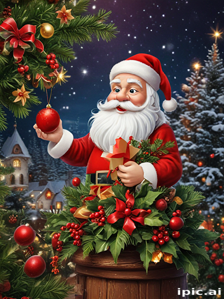 Joyful Santa Claus Decorating a Festive Christmas Scene with Cheerful ...