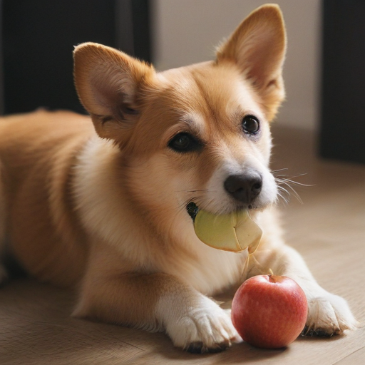 dog eating an apple