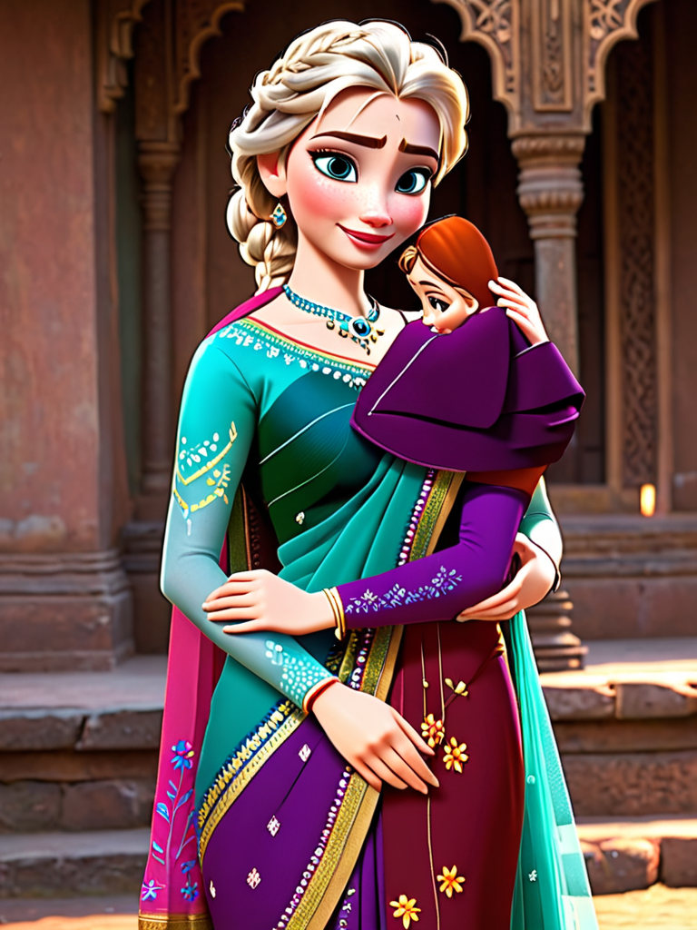 Elsa and Anna together hugs in saree indian 3D Disney