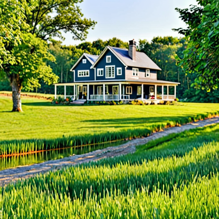 modern style house, on a country farm setting with trees as a back drop