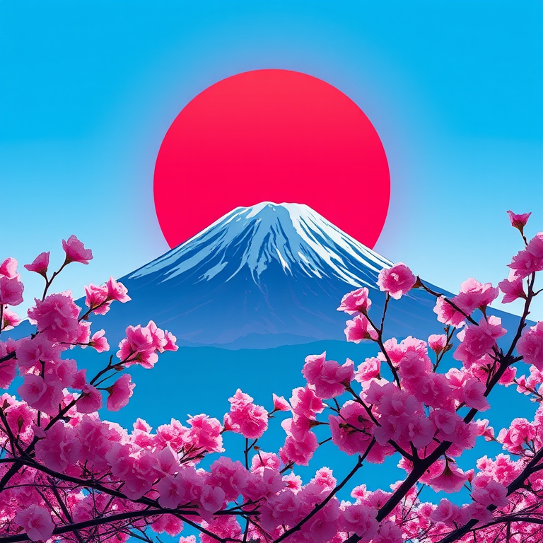 Majestic Mount Fuji Surrounded by Cherry Blossoms Under a Vibrant Red Sun