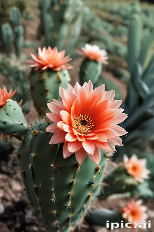 Beautiful Cactus Blooms: Vibrant Pink Flowers Against a Desert Landscape