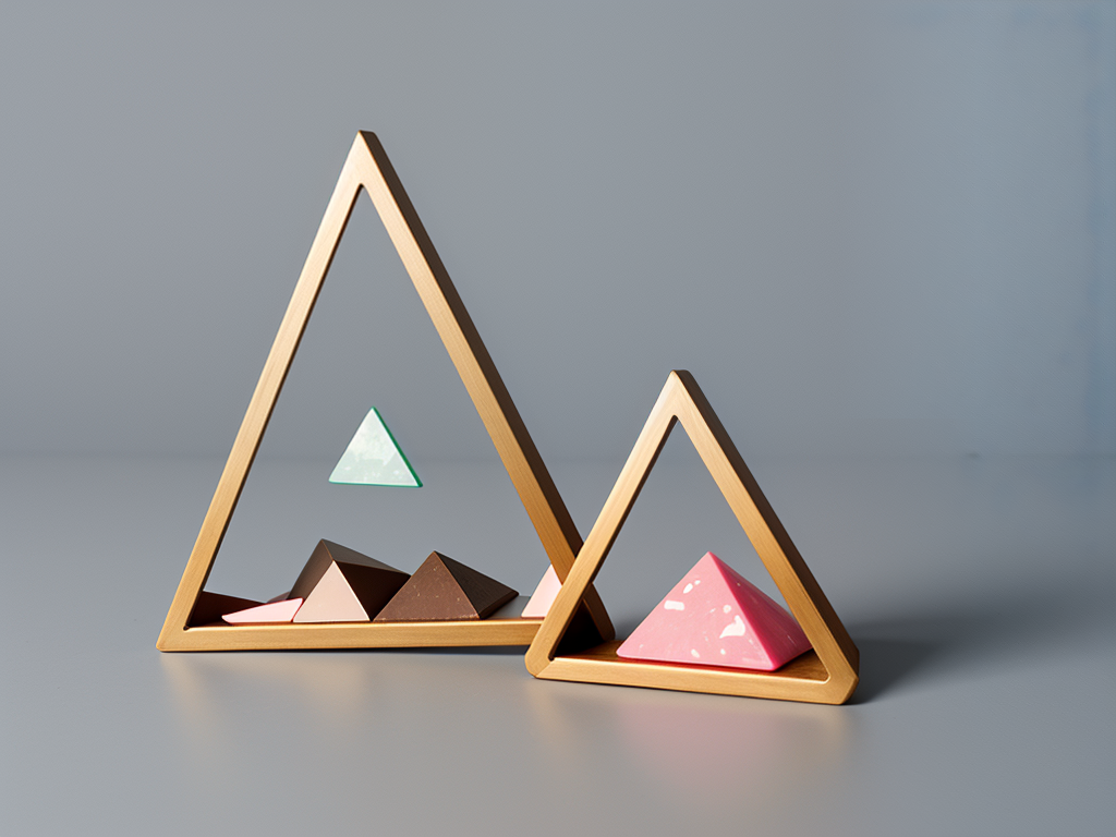 Colorful Geometric Shapes Displayed in Elegant Wooden Triangle Frames