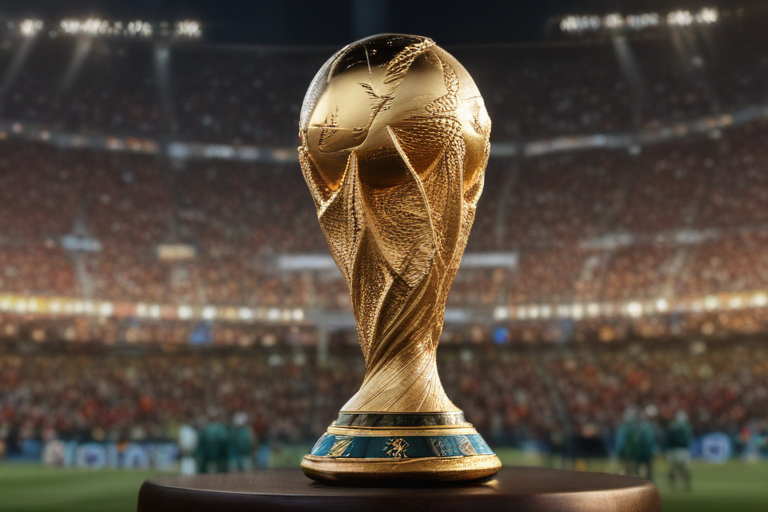 The Prestigious FIFA World Cup Trophy Shining Bright in Stadium Lights.