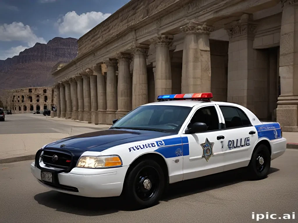 Classic Police Car Parked in Front of Historic Architectural Columns