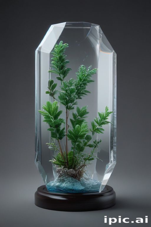 Elegant Glass Display Featuring Lush Greenery Encased in Crystal Structure
