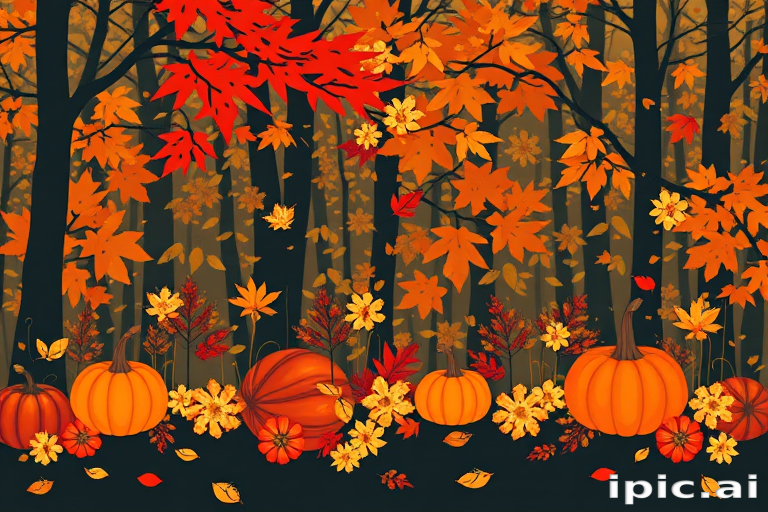 Vibrant Autumn Scene with Colorful Leaves and Pumpkins in Forest