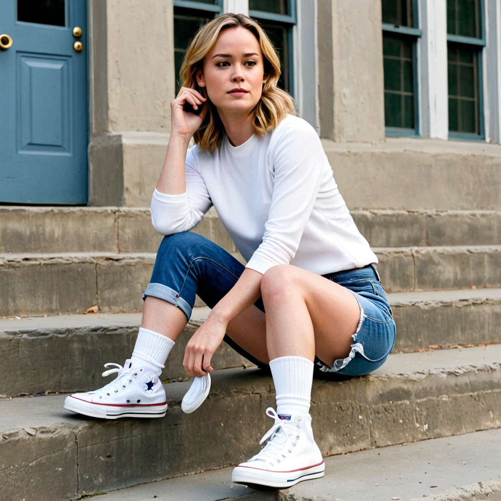 Mcu Brie Larson Carol Danvers Sitting in White Shirt, Blue Jeans, White ...