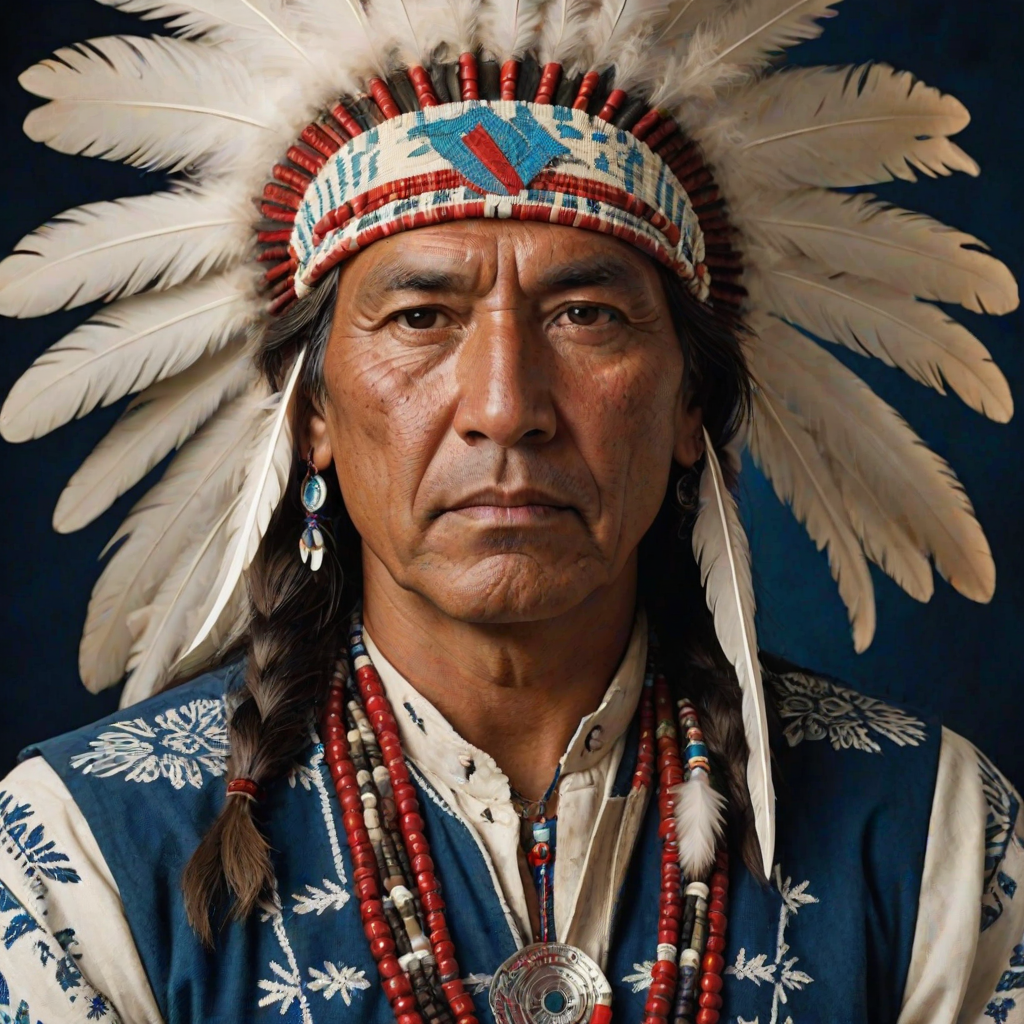 A Proud Indigenous Man Wearing Traditional Attire and Feathered Headdress.