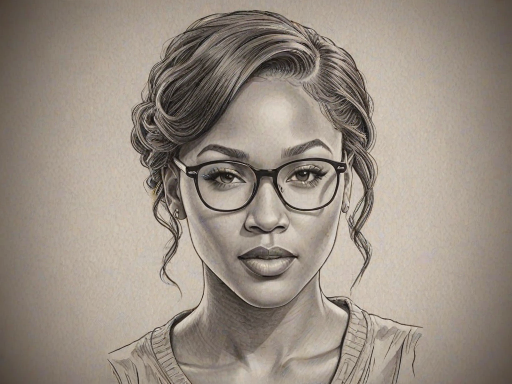 A Detailed Sketch of a Confident Woman Wearing Glasses and Smiling.
