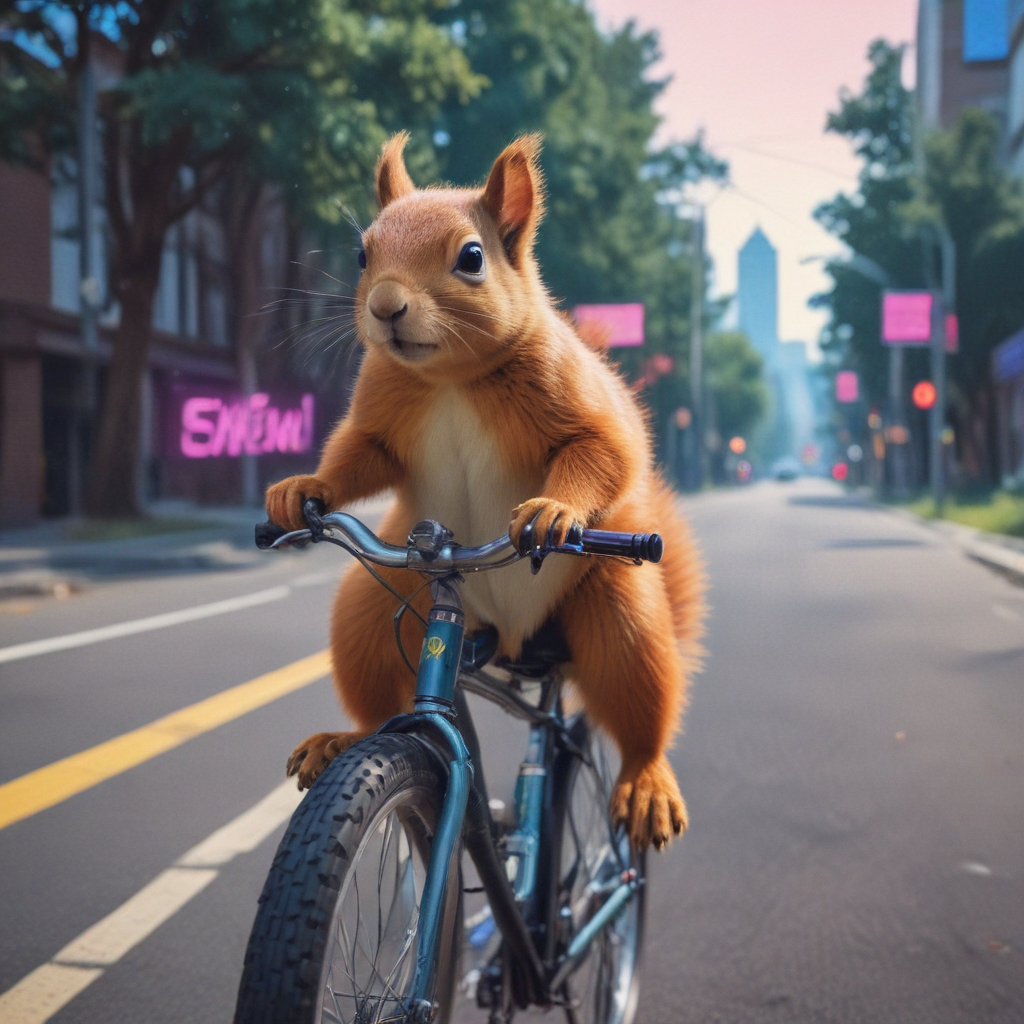 squirrel riding a bike, synthwave, retro, panavision