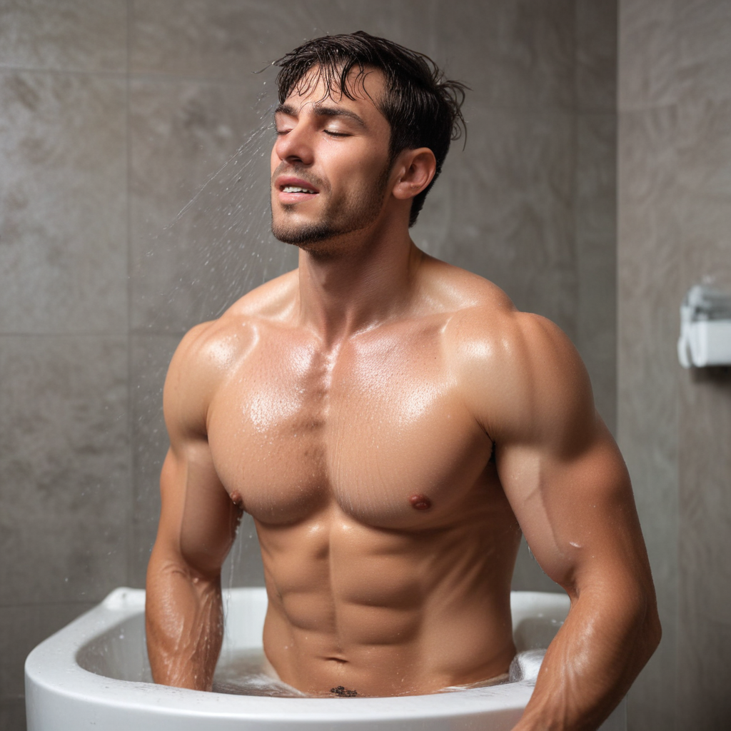 a muscular man washing himself in bathroom, there's water falling down ...