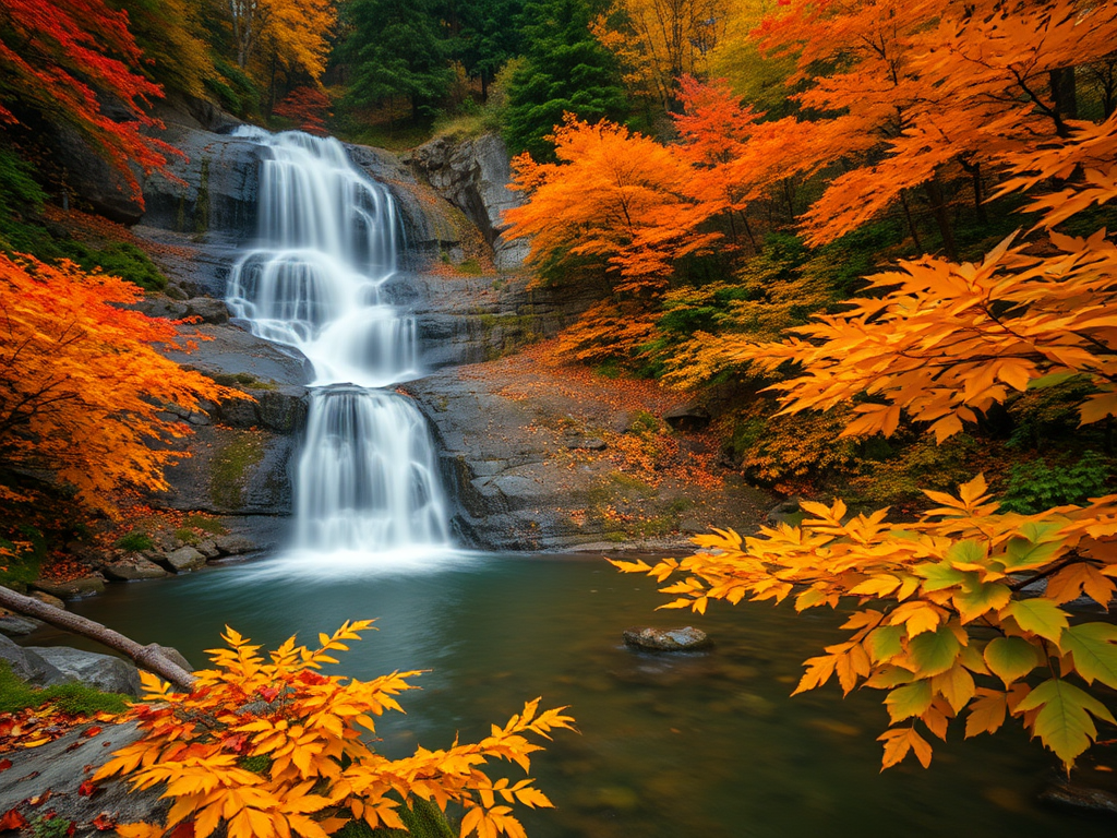 Stunning Autumn Waterfall Surrounded by Vibrant Orange and Yellow Foliage