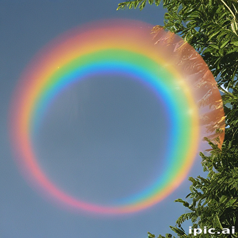 Vibrant Circular Rainbow Framed by Lush Greenery Against a Clear Sky
