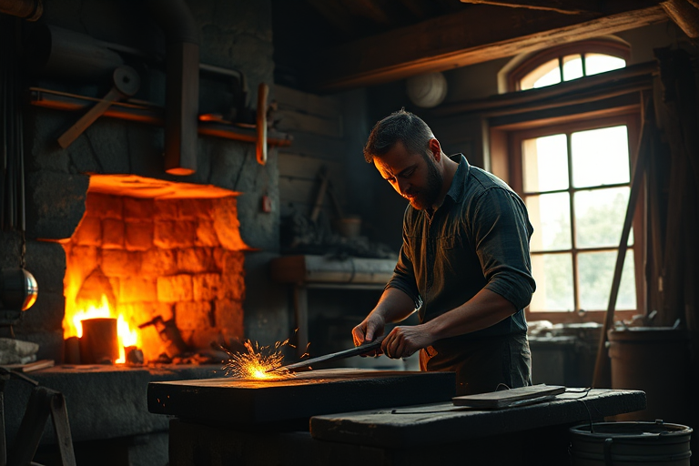 Create a highly detailed illustration of a blacksmith working in a ...