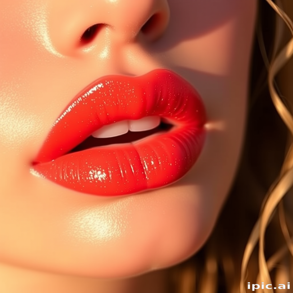 Close-Up of Glossy Red Lips with Shimmering Finish and Soft Glow