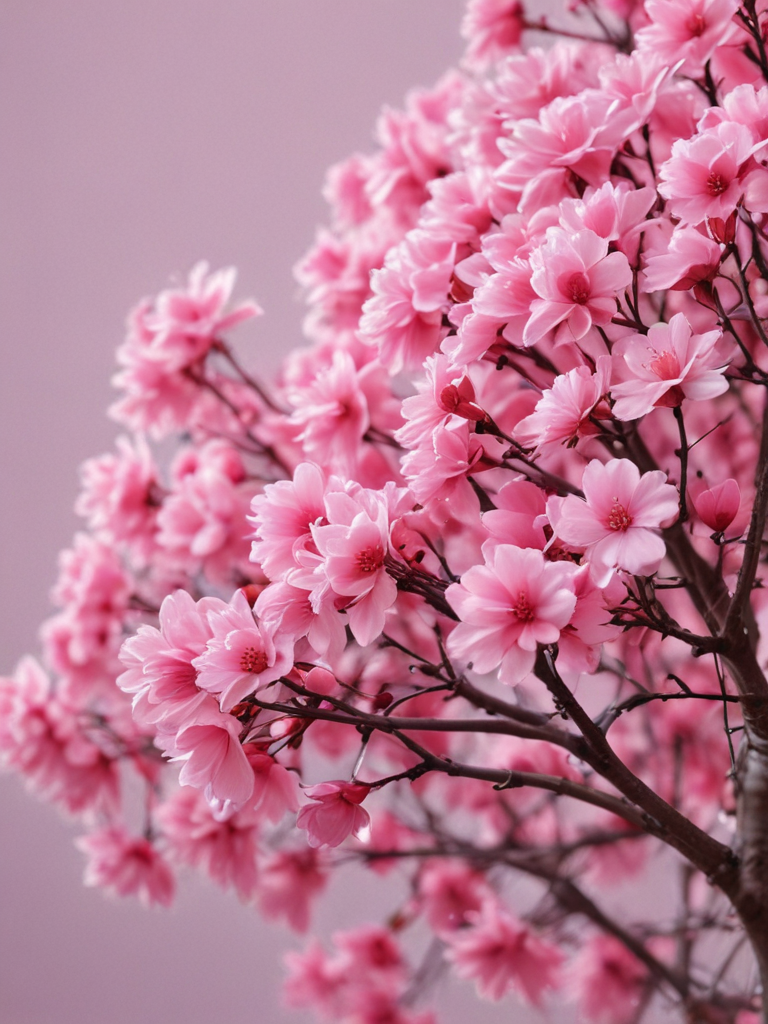 Delicate Pink Blossoms on a Tree Against a Soft Pink Background
