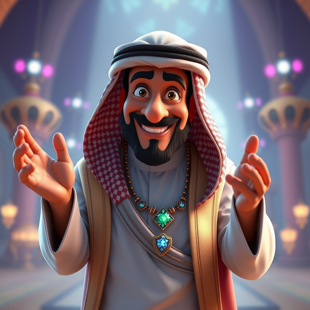 Joyful Animated Character in Traditional Arabian Attire Welcoming ...