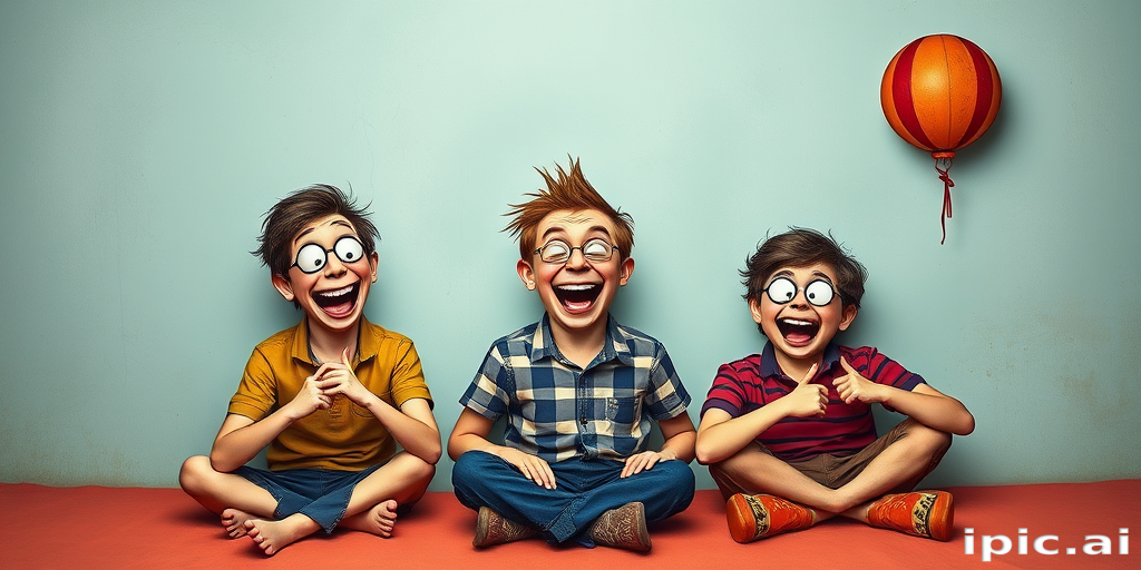 Three Joyful Cartoon Boys Having Fun Together with a Colorful Balloon.