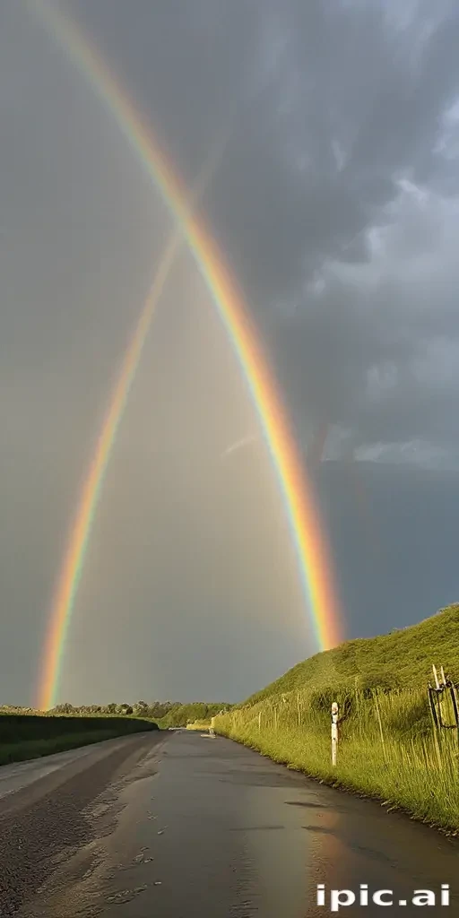 Stunning Double Rainbow Arcing Over Serene Country Road After Rainfall