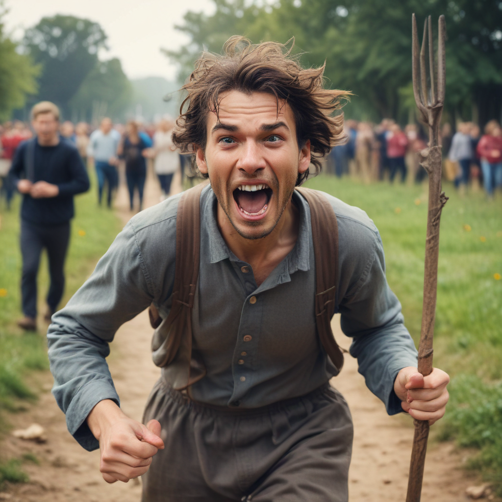 a silly looking peasant running past people with a confused frown on ...