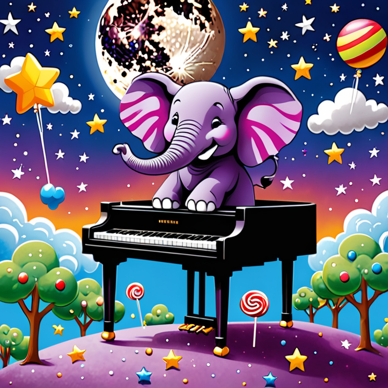 A purple elephant dances on the moon while playing a giant piano ...