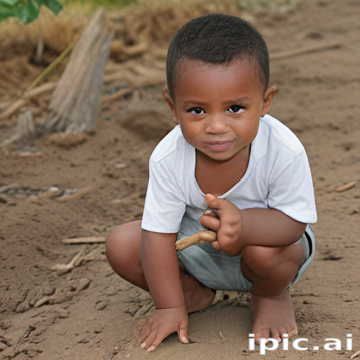 A Young Child Squatting Playfully in a Sandy Outdoor Environment.