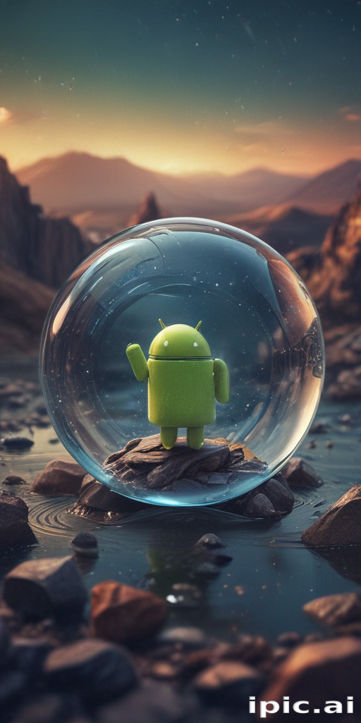 Android Character Encased in a Transparent Bubble on a Rocky Landscape