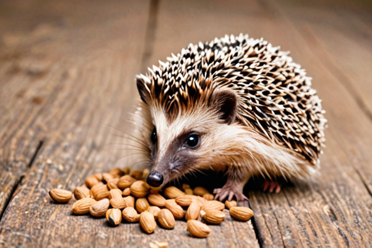 hedgehog eating peanuts at home, show background blur