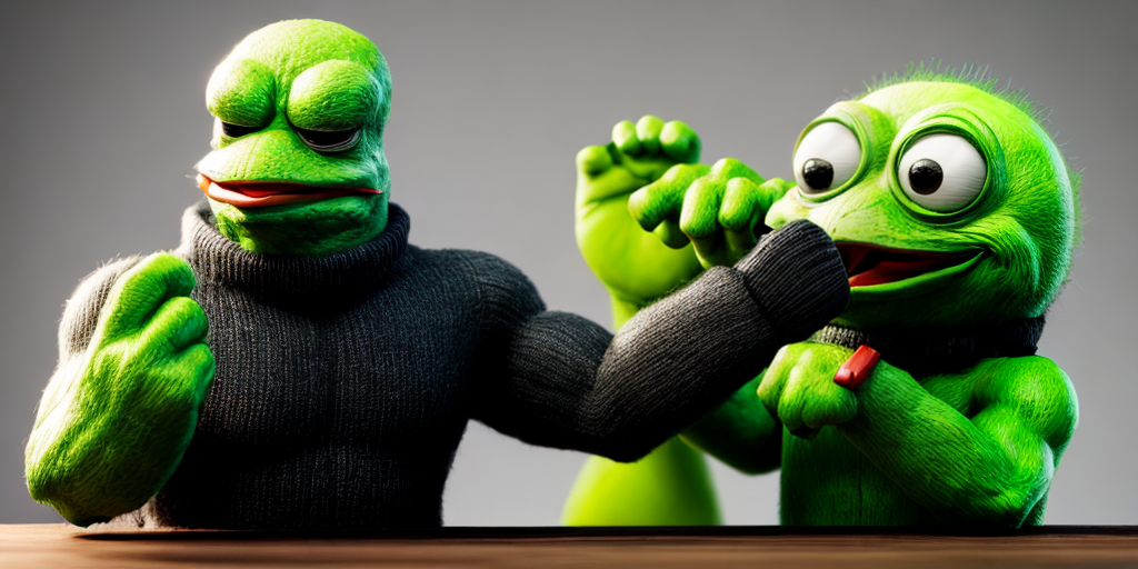 green pepe armwrestling black pepe on a wooden table