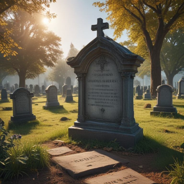 Tranquil Cemetery Scene Featuring an Intricately Designed Gravestone at Sunrise