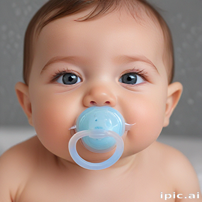 Adorable Baby with Big Blue Eyes Holding a Pacifier in Surprise.