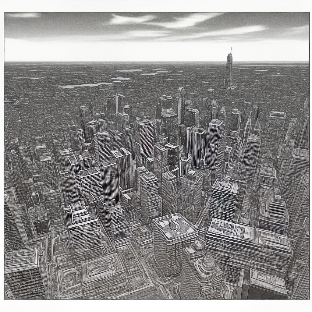 HELIPAD ON ROOFTOP WIDE ANGLE. COMIC BOOK. SKETCH STYLE. BLACK AND WHITE.