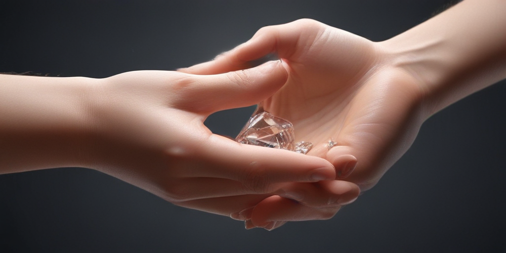 Two Hands Gracefully Sharing a Sparkling Diamond in Soft Light