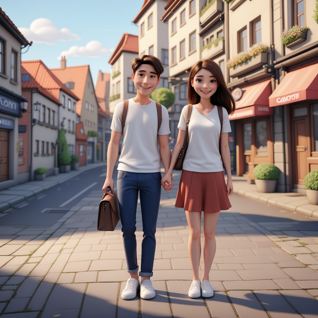Charming Animated Couple Strolling Hand in Hand Through a Quaint Village