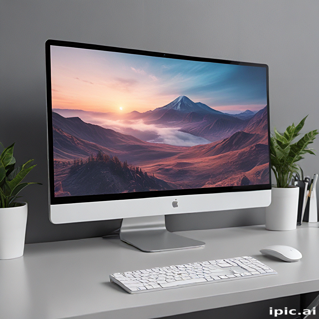 Stunning Mountain Landscape Displayed on Sleek Apple Computer Monitor Setup