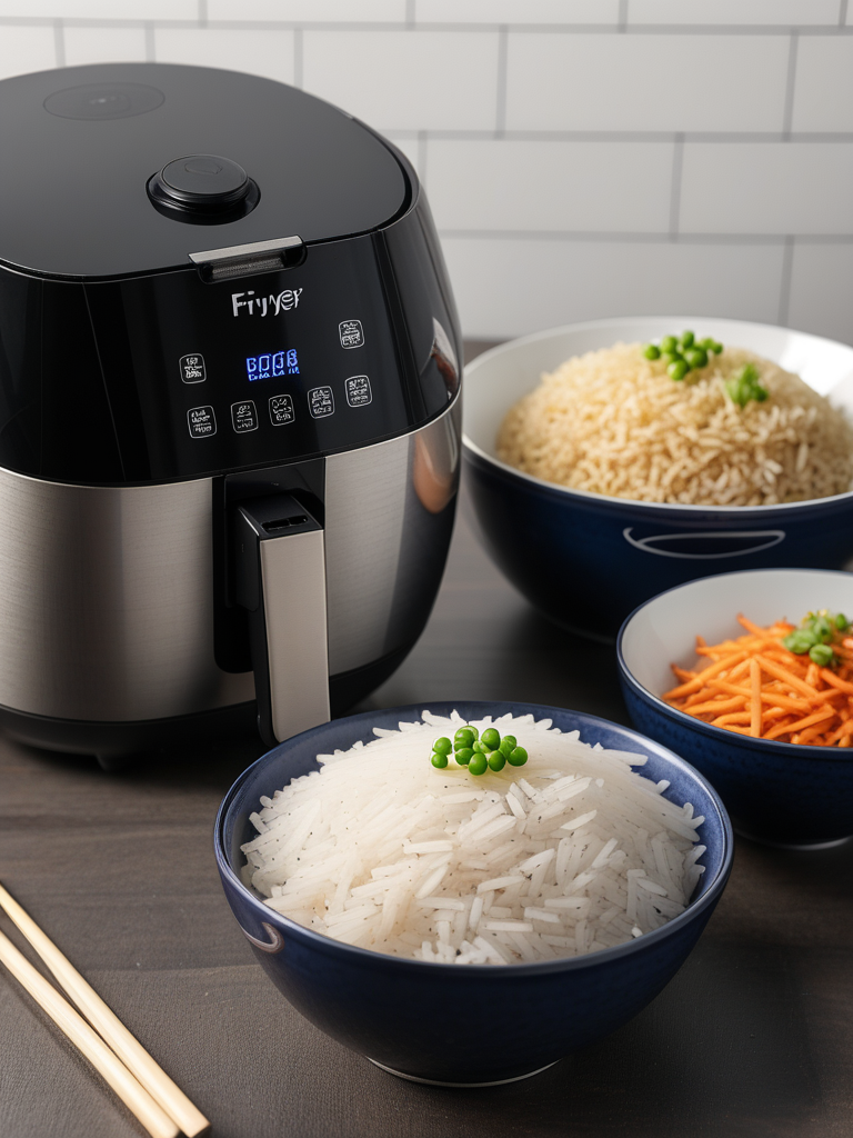 Modern Rice Cooker with Bowls of Fluffy Rice and Fresh Vegetables