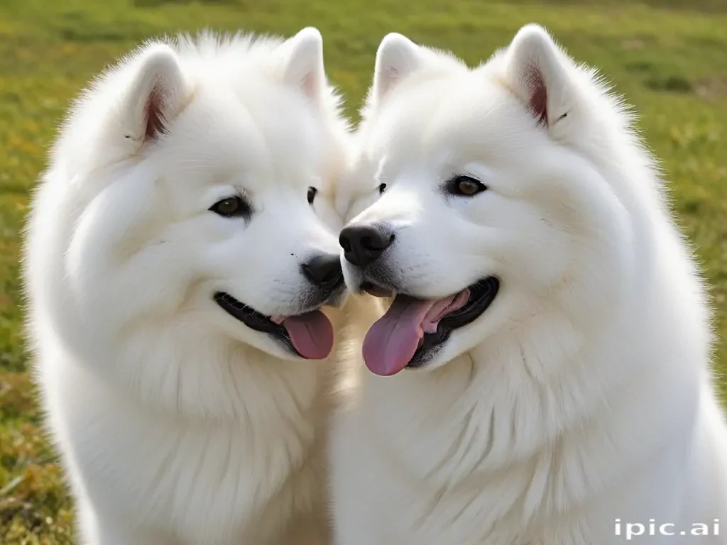 Two Adorable Samoyed Dogs Sharing a Joyful Moment in Nature.
