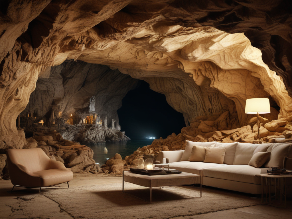 Cozy Living Room Set in a Stunning Natural Cave Environment at Night