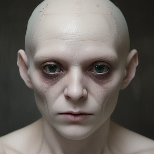 a pale humanoid creature with no mouth or nose but two empty black eyes