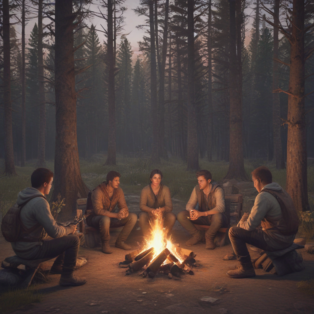 Rust video game players sitting around campfire