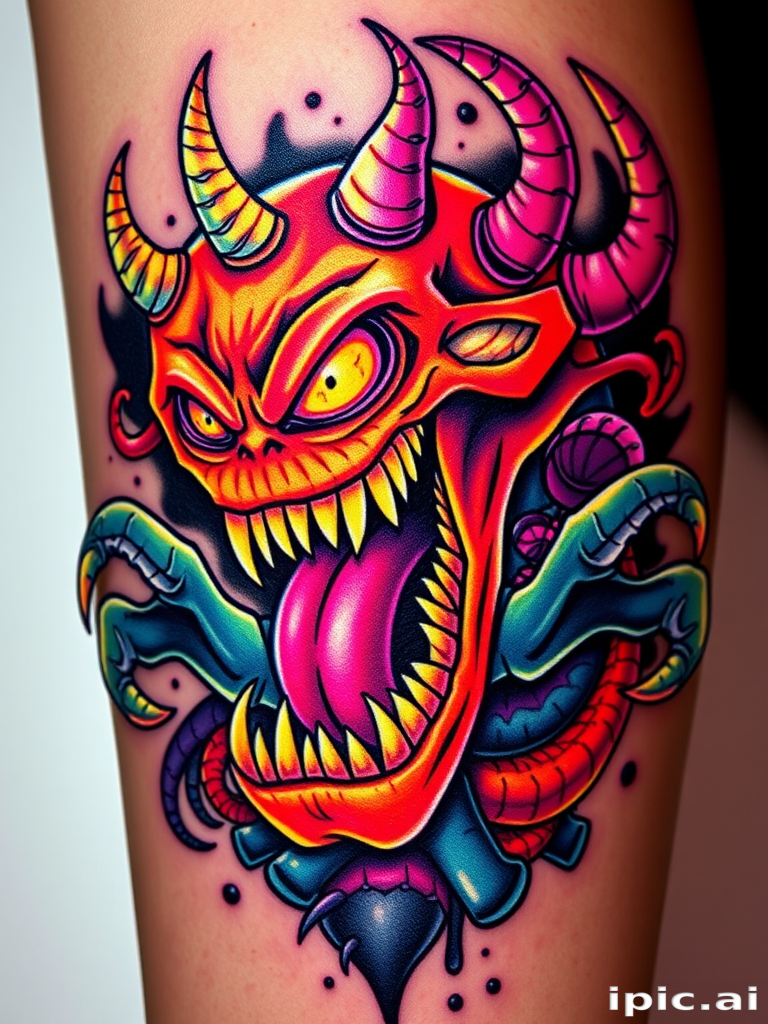 Vibrant and Menacing Demon Tattoo with Colorful Horns and Tentacles